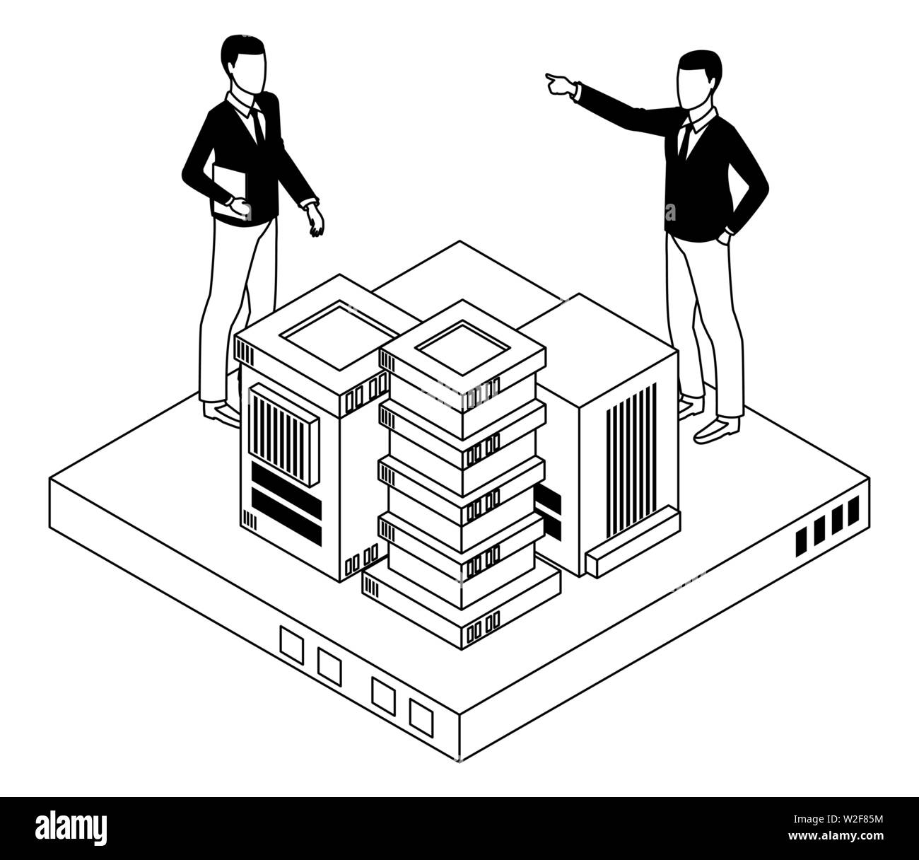 Businessmen using technology for business in black and white Stock ...