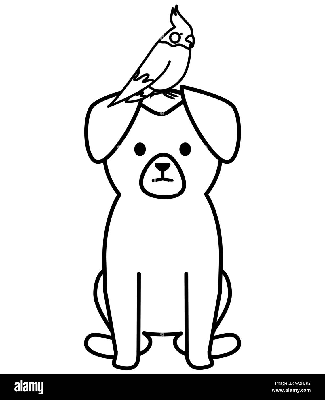 little dog with bird adorables mascots characters vector illustration ...