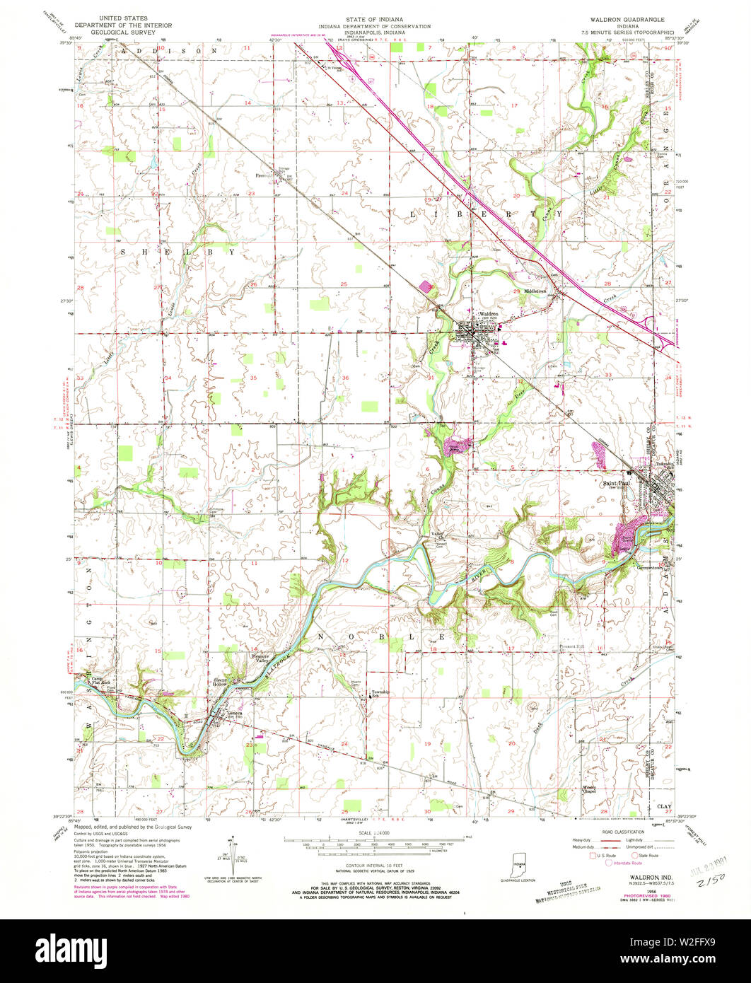 USGS TOPO Map Indiana IN Waldron 160337 1956 24000 Restoration Stock ...