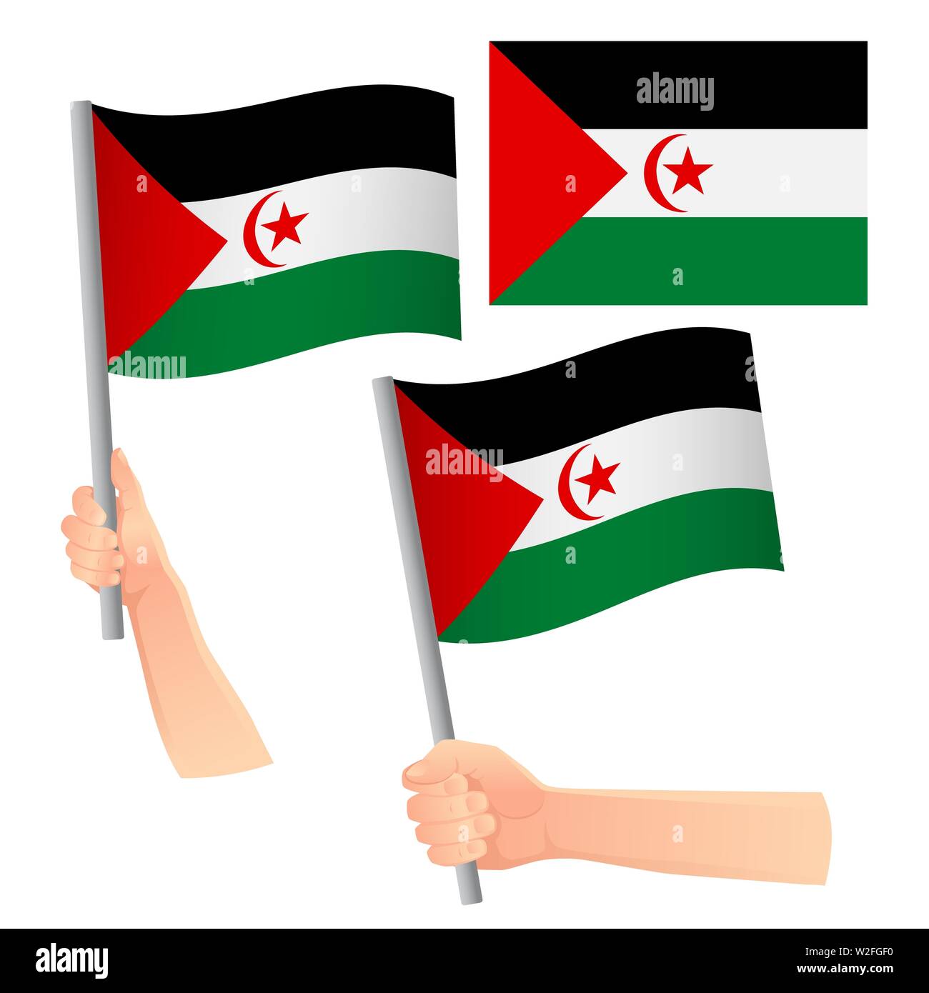 Sahrawi Arab Democratic Republic flag in hand. Patriotic background ...
