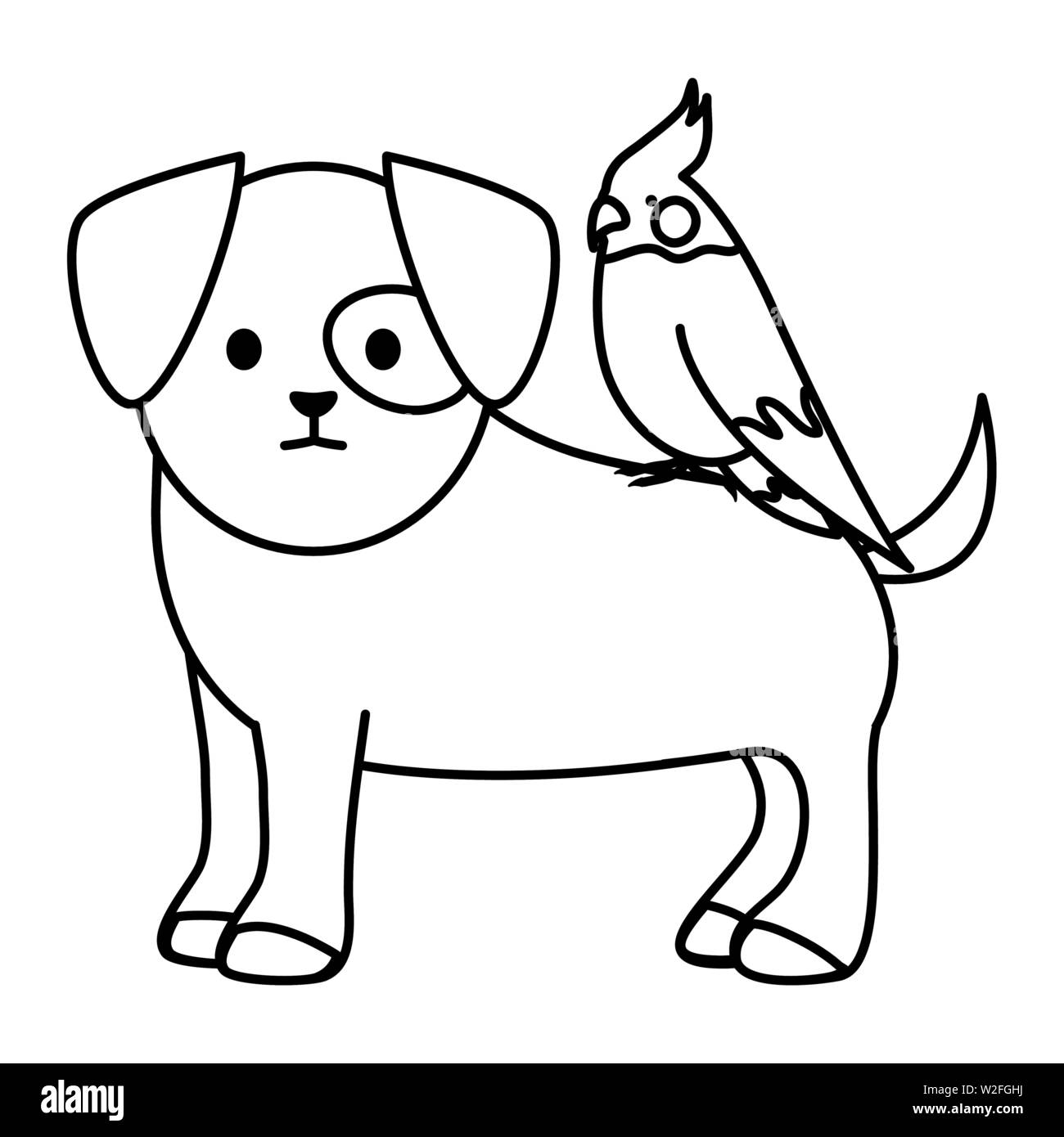 little dog with bird adorables mascots characters vector illustration ...