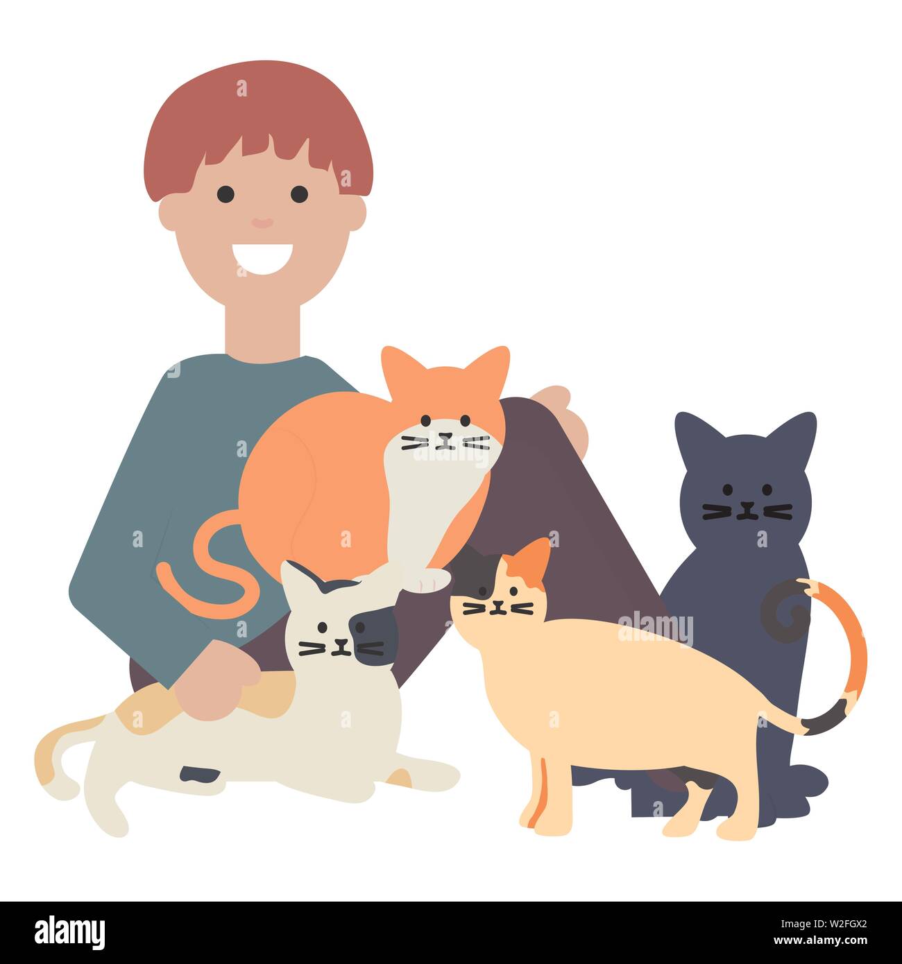 young man with cute cats mascots vector illustration design Stock ...