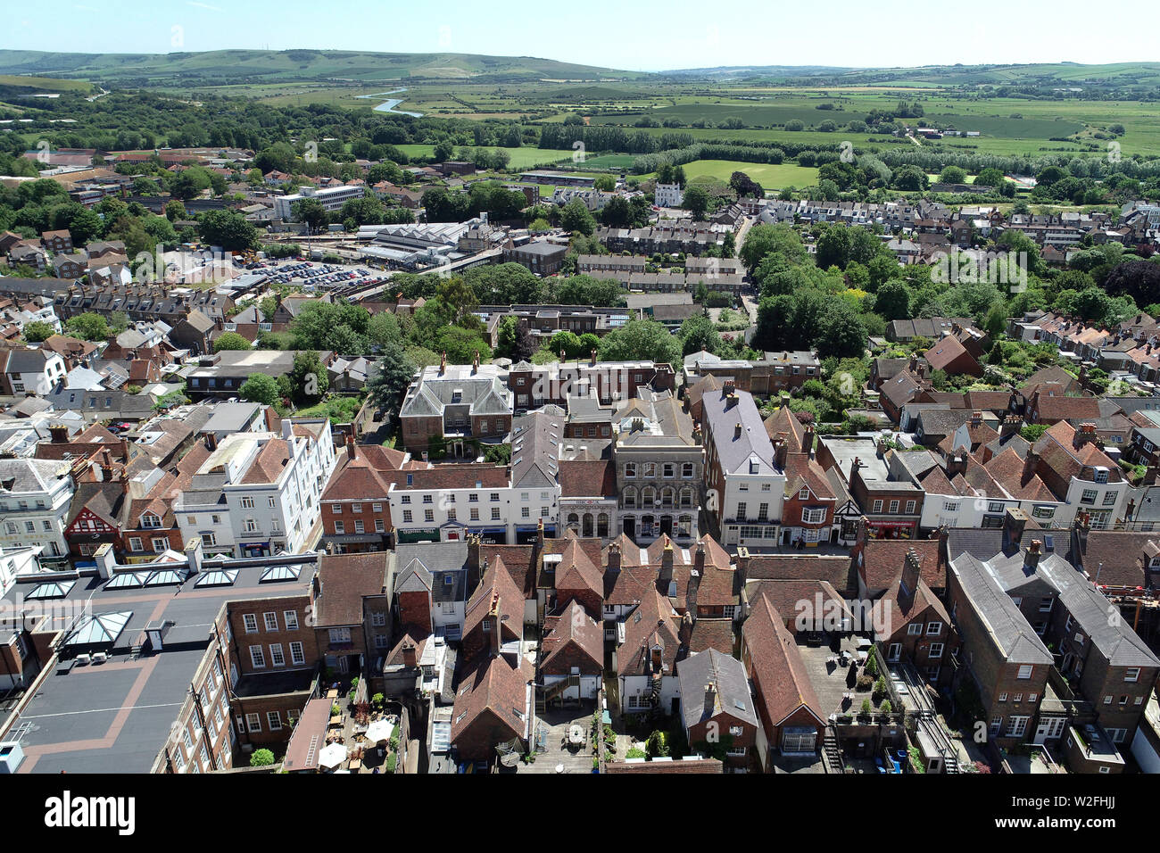 Aerial view of Lewes, East Sussex, showing the historic high street ...