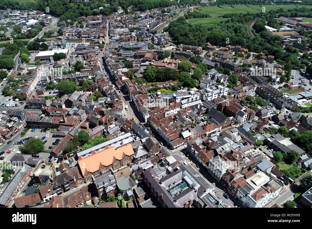 Aerial view of Lewes, East Sussex, showing the historic high street ...