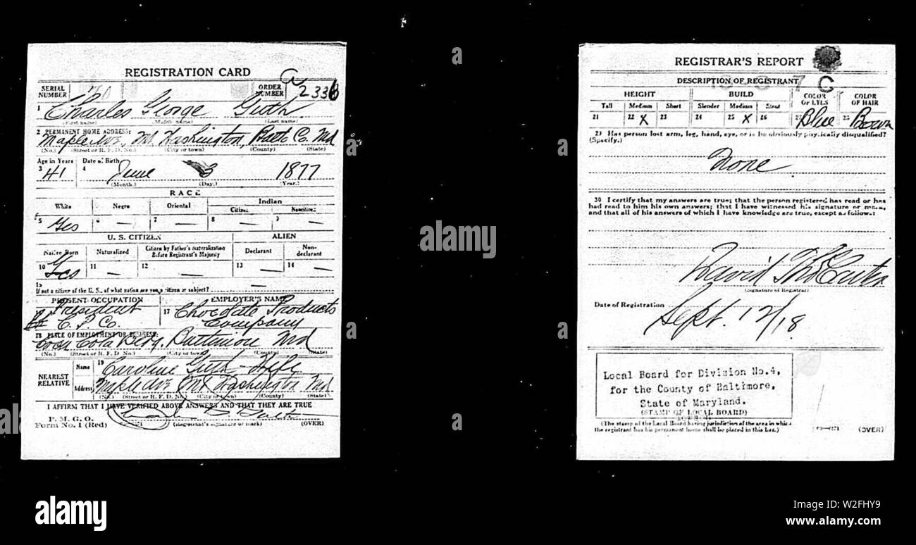 Charles George Guth in the WWI draft registration Stock Photo - Alamy