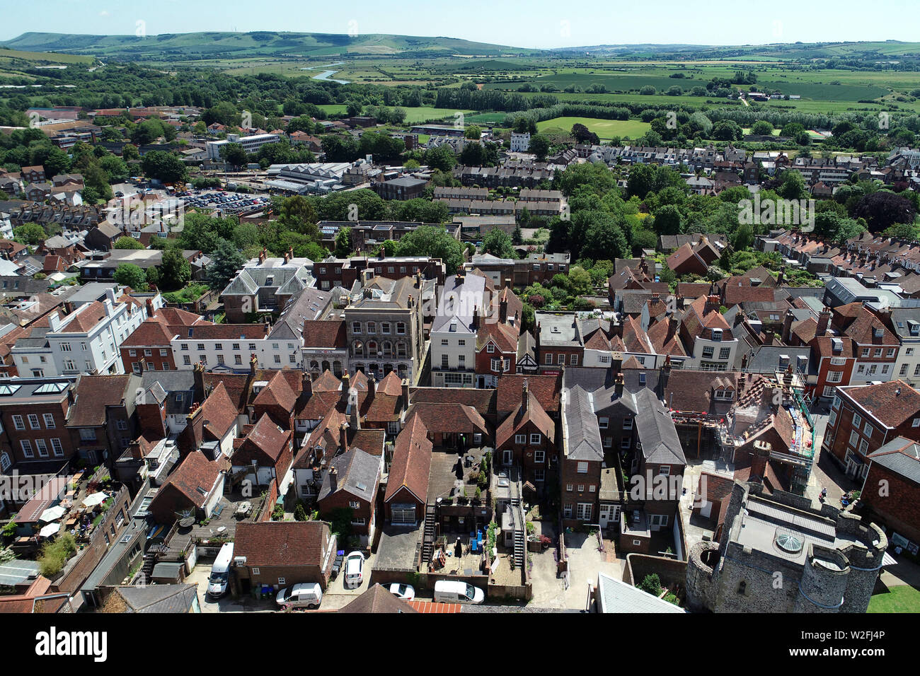 Aerial view of Lewes, East Sussex, showing the historic high street ...