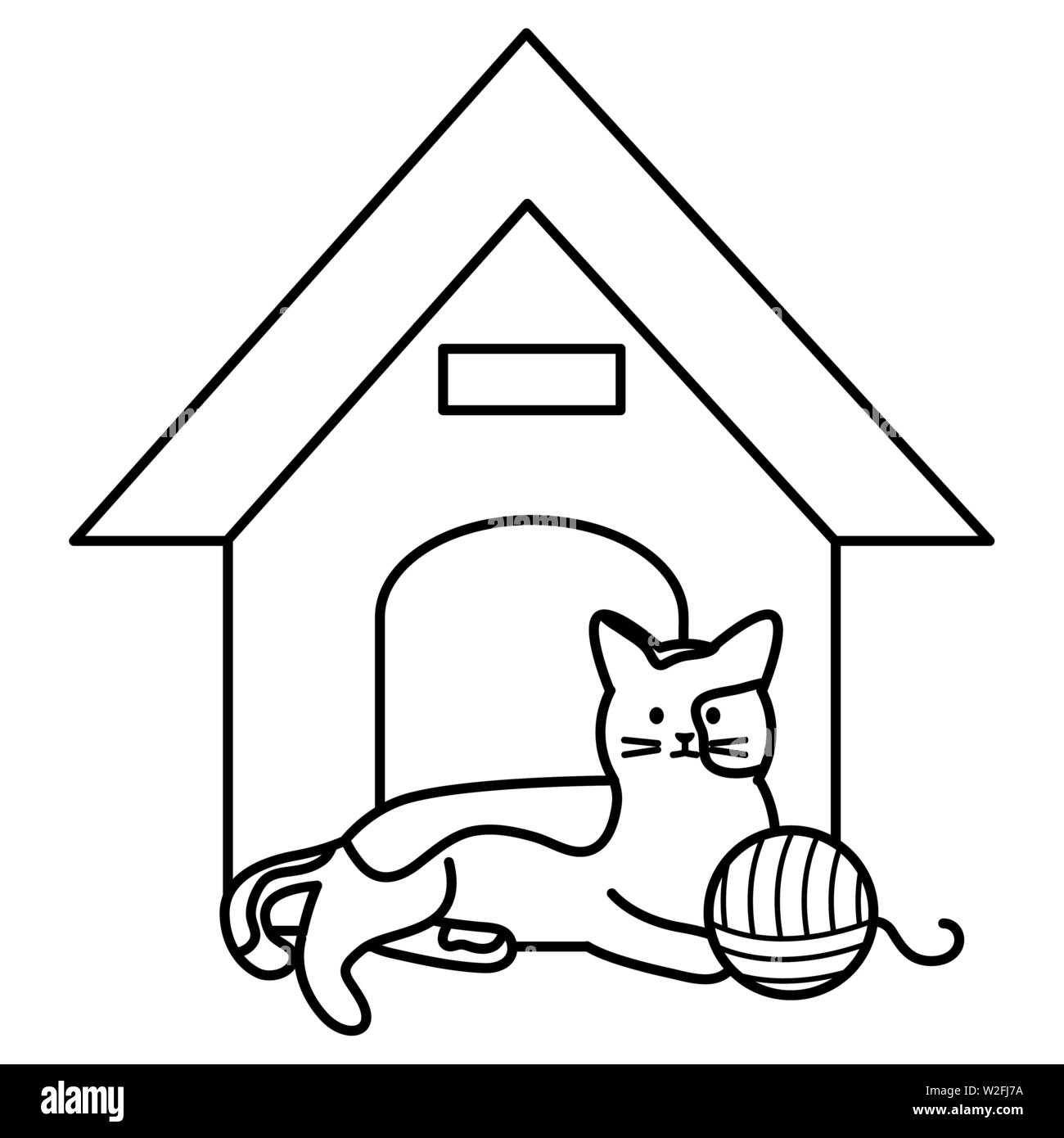 cute cat mascot in house with ball yarn vector illustration design ...