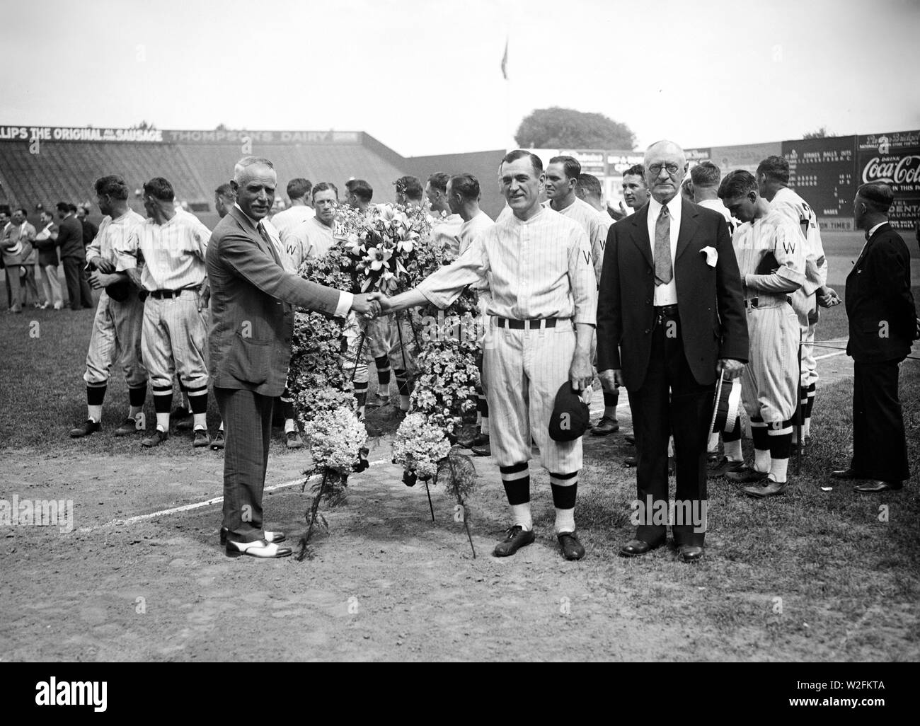 Washington baseball players at ceremony at ballpark, ca. 1930 Stock ...