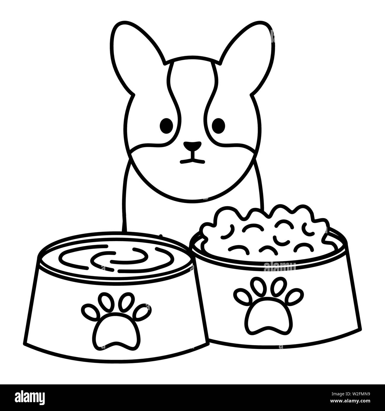 little dog adorable with dishes food and water vector illustration ...