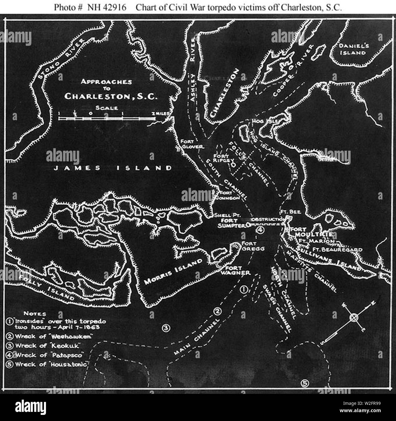 Chart of Civil War torpedo victims near Charleston SC Stock Photo - Alamy