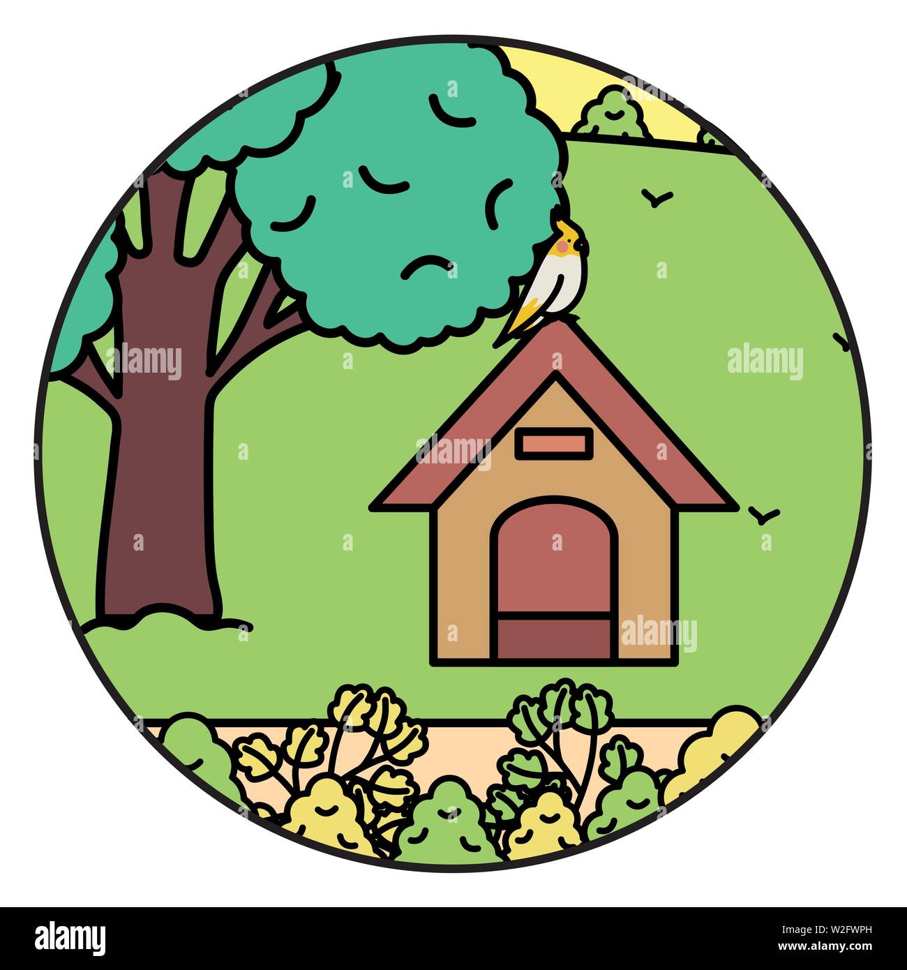 cute little bird on wooden house in the park vector illustration design ...