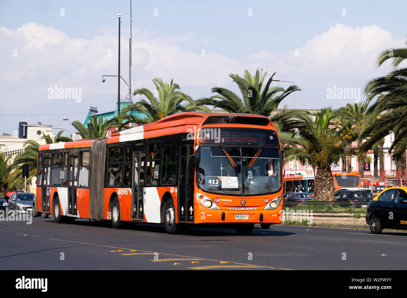 SANTIAGO, CHILE - OCTOBER 2018: An orange Transantiago bus in Estación ...