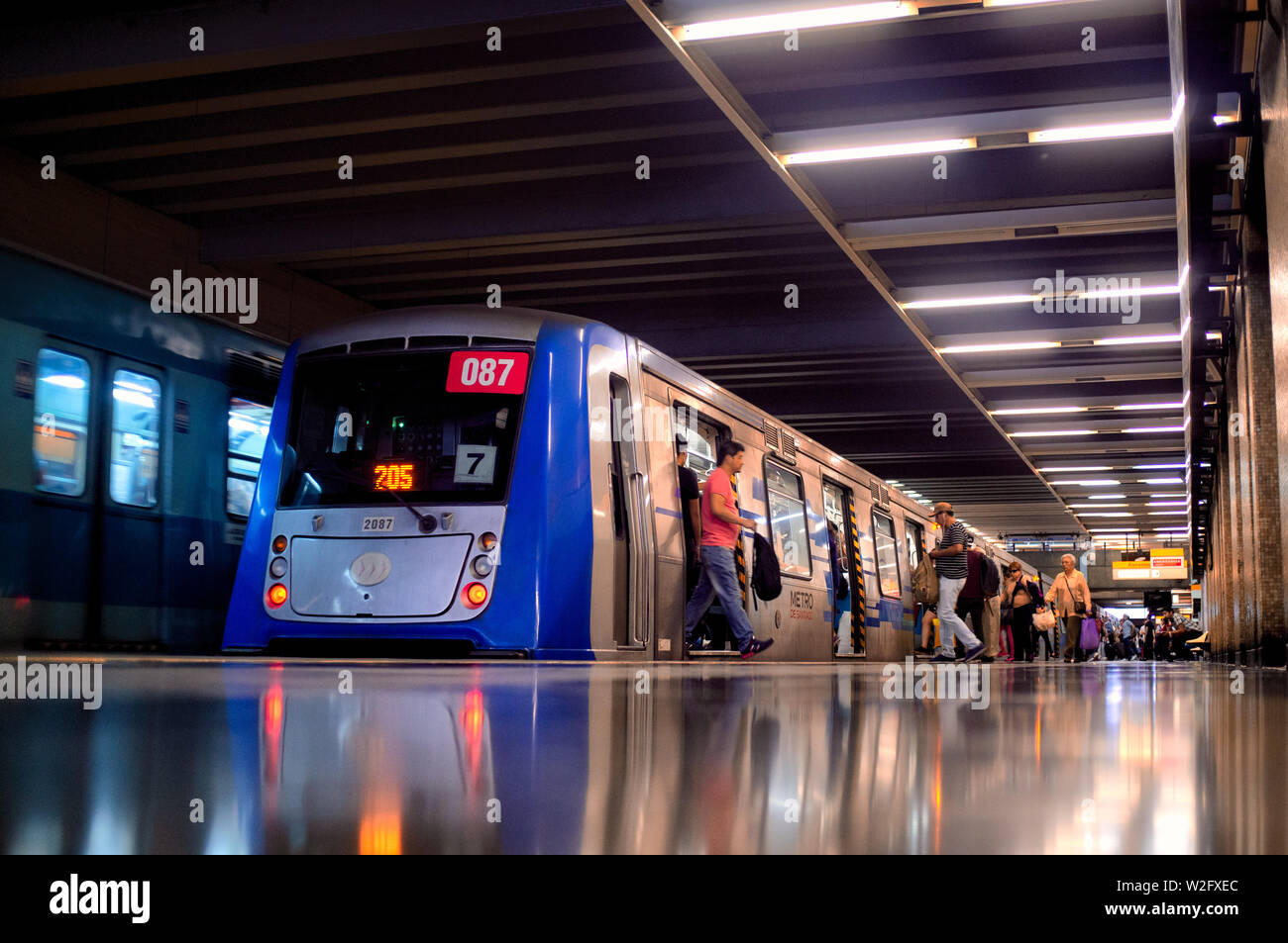 SANTIAGO, CHILE - NOVEMBER 2018: Santiago Metro trains in a station of ...