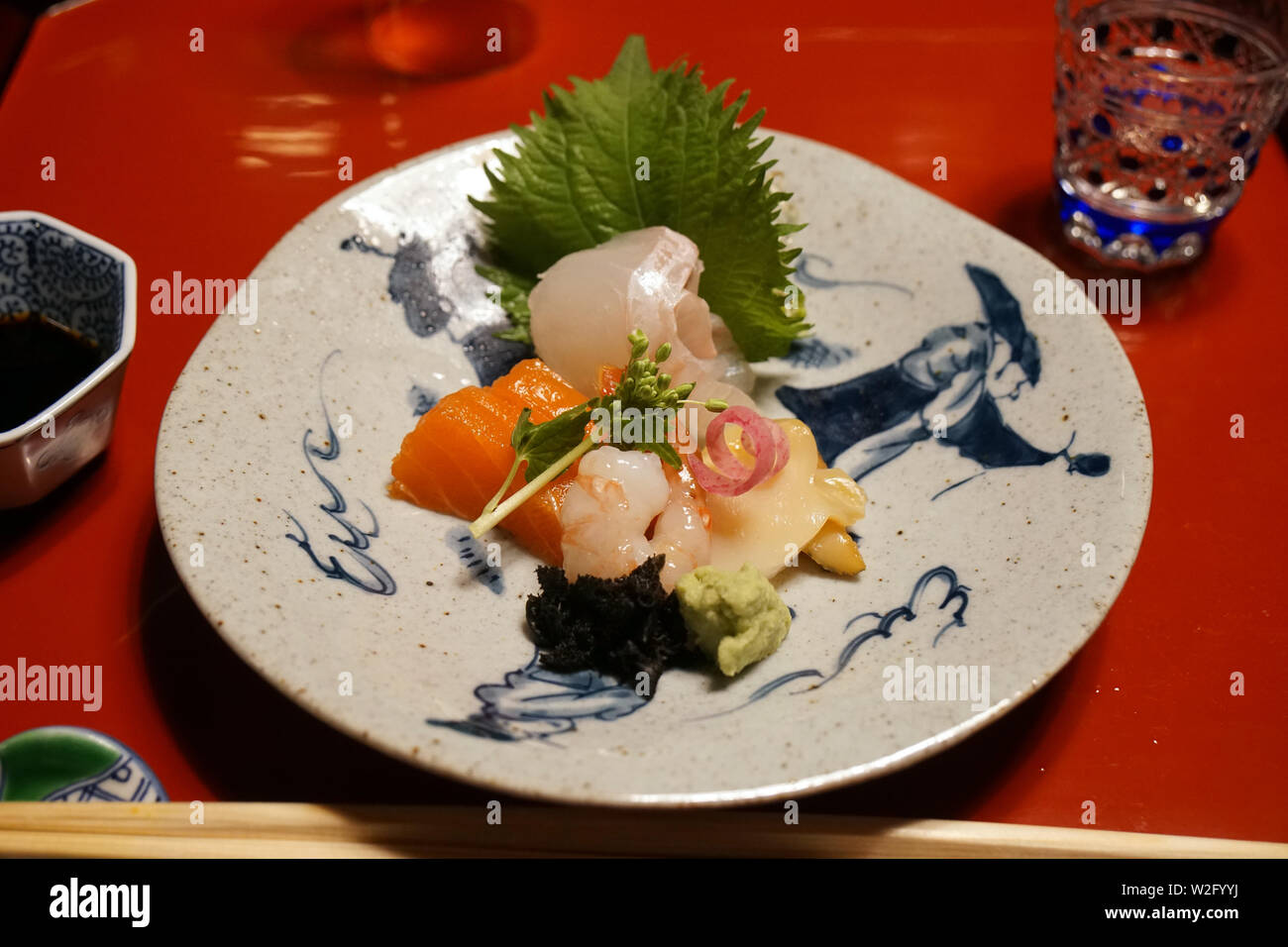Mukozuke sashimi dish, with flounder, whelk, salmon, botan shrimp ...
