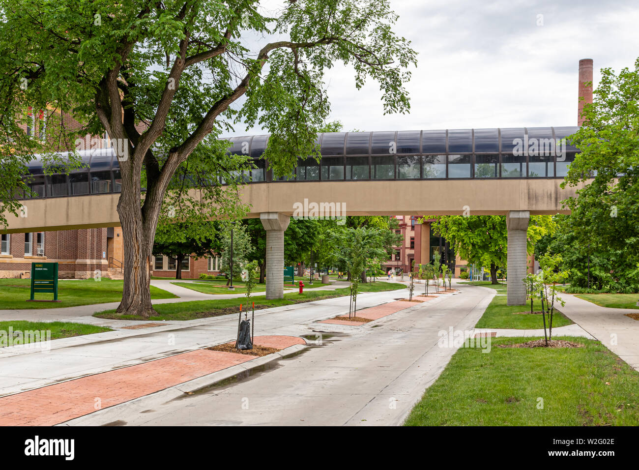 FARGO, ND/USA - JUNE 27, 2019: Overhead skyway and boulevard on the ...