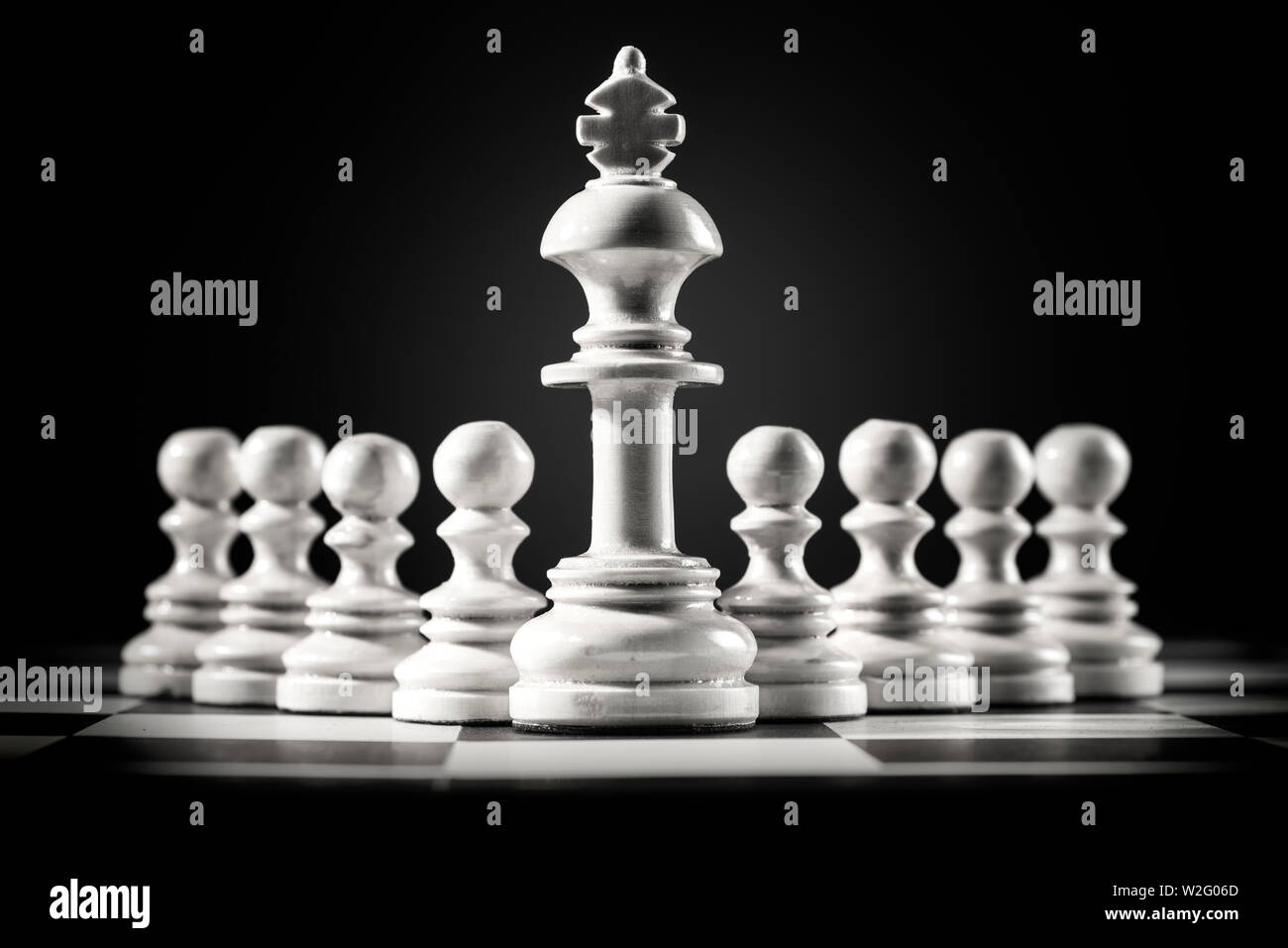 White king chess standing in front of the pawn chess on the chessboard ...