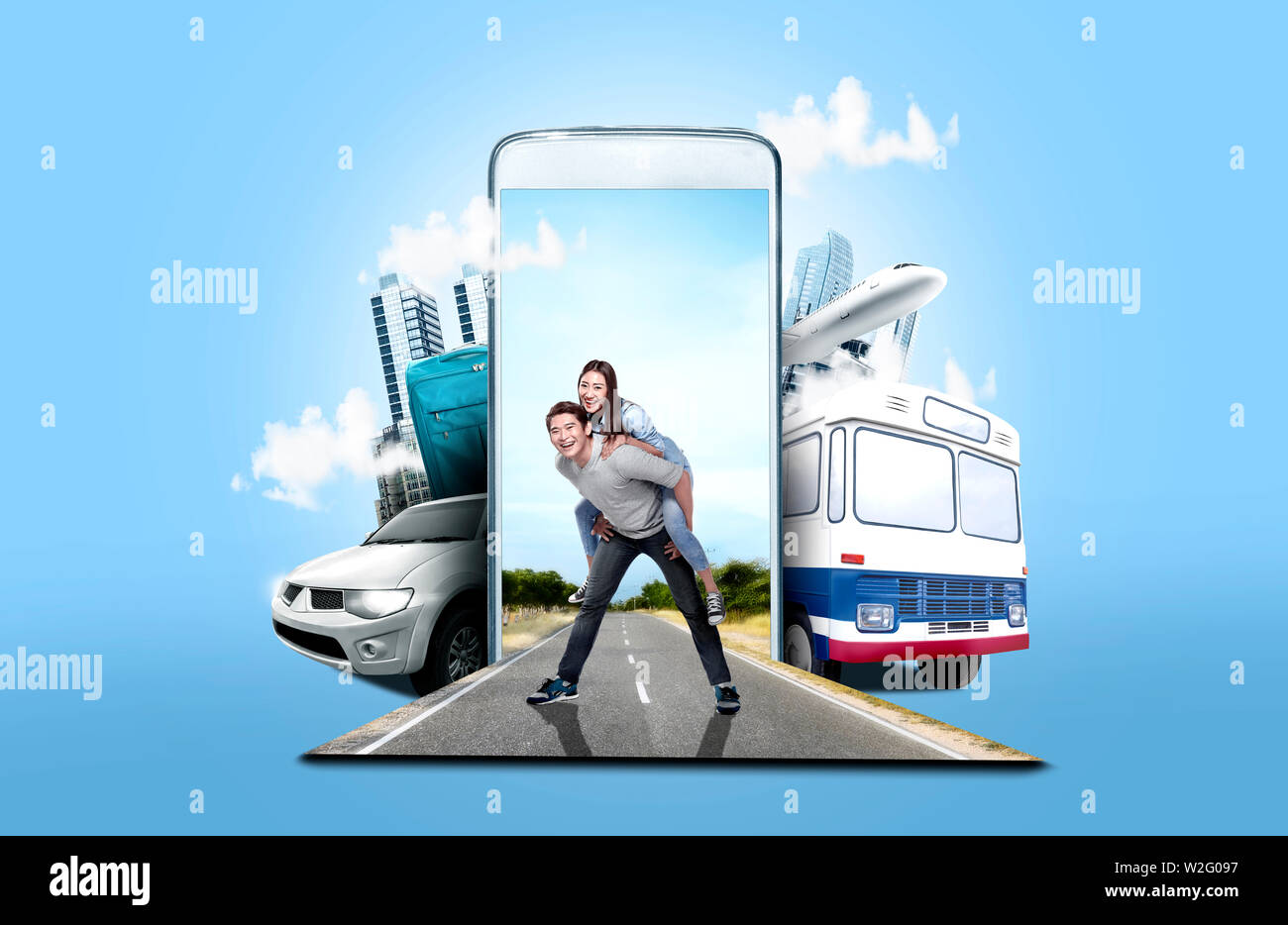 Mobile phone with transportation and buildings on blue background. From ...