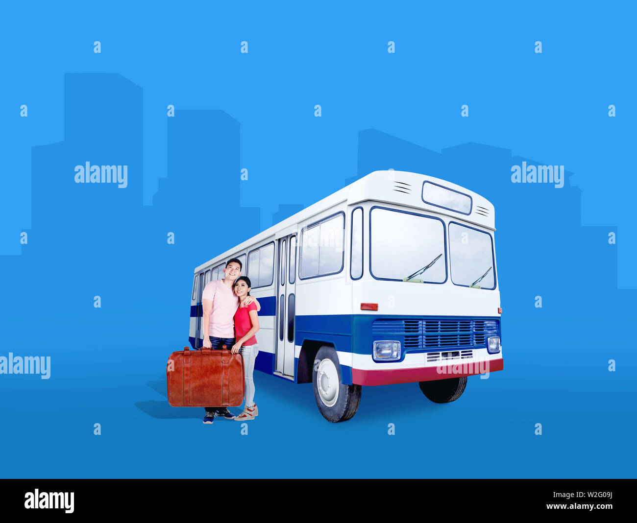 Asian couple carrying suitcase bag standing beside the bus on blue ...