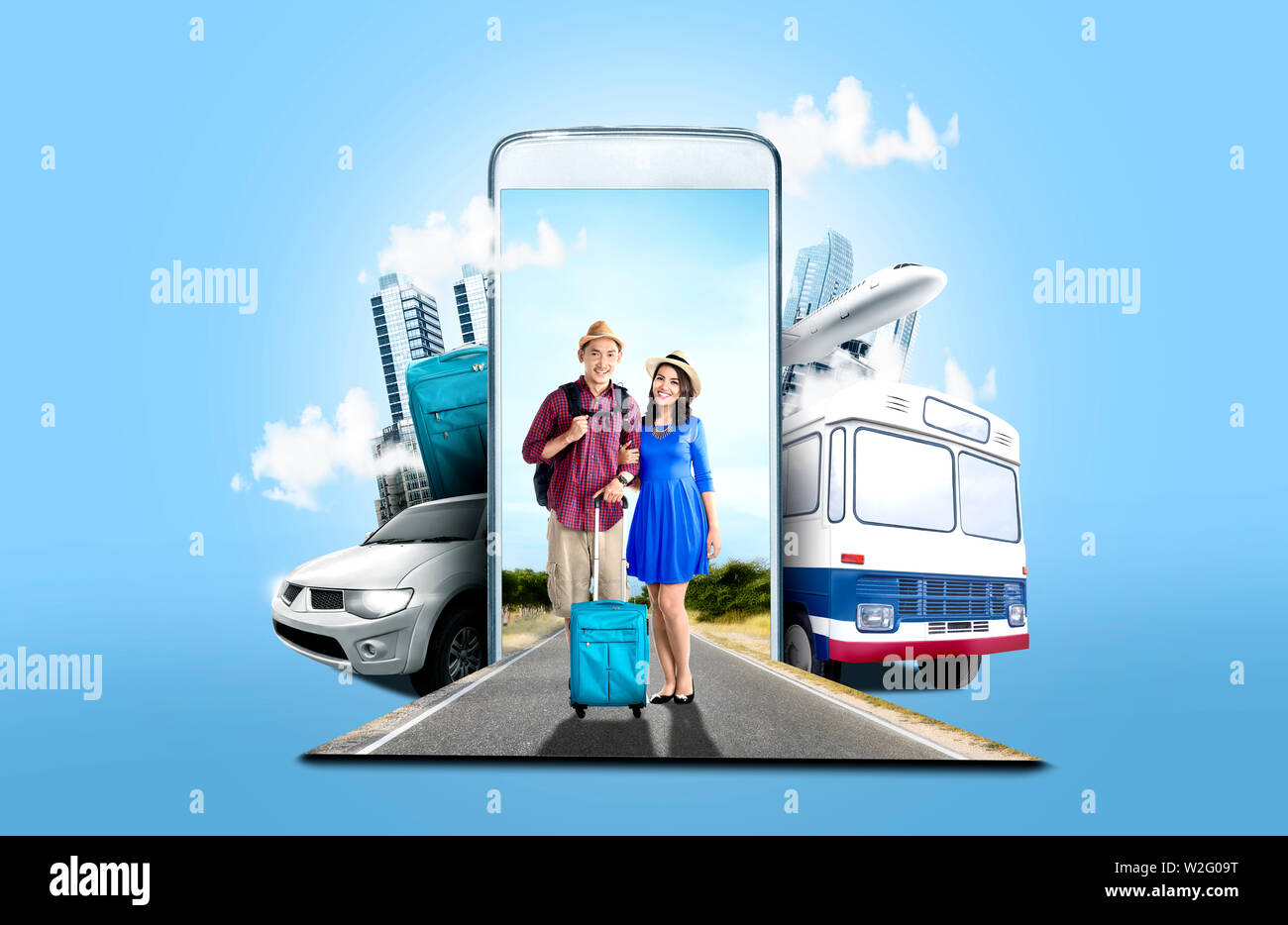 Mobile phone with transportation and buildings on blue background. From ...