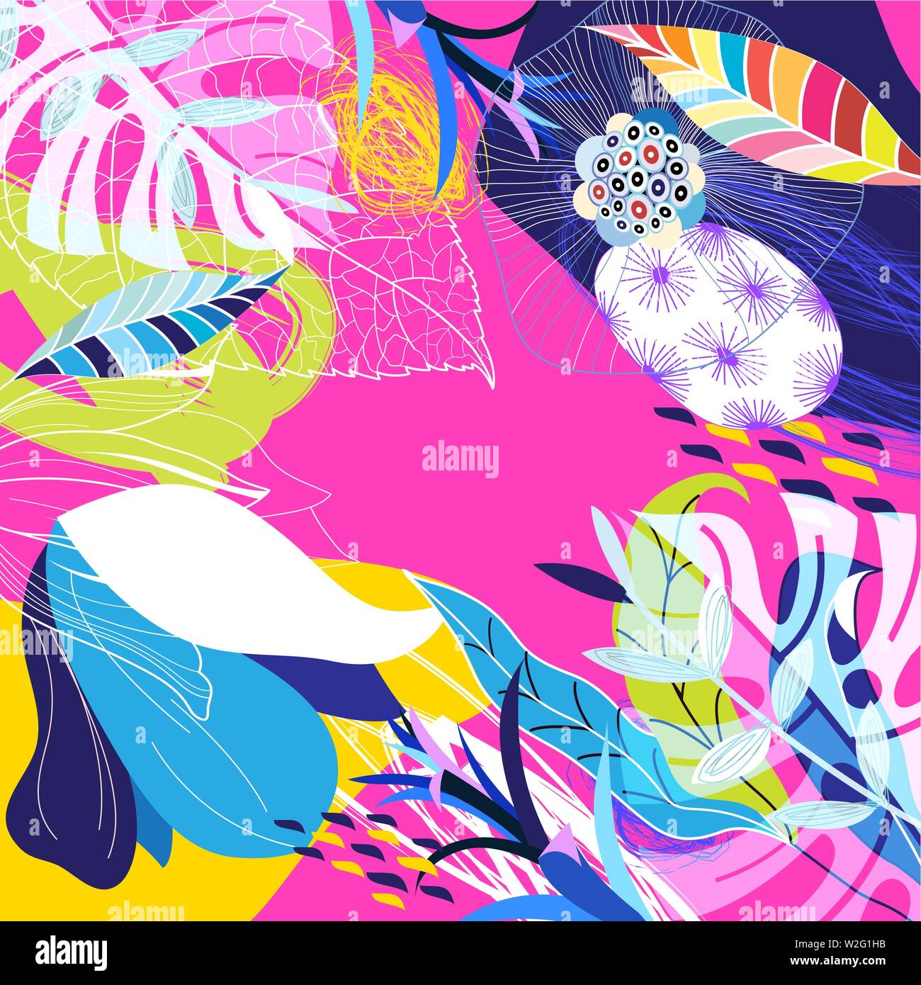 Tropical multicolored trendy pattern of foliage spots and flowers. Art ...