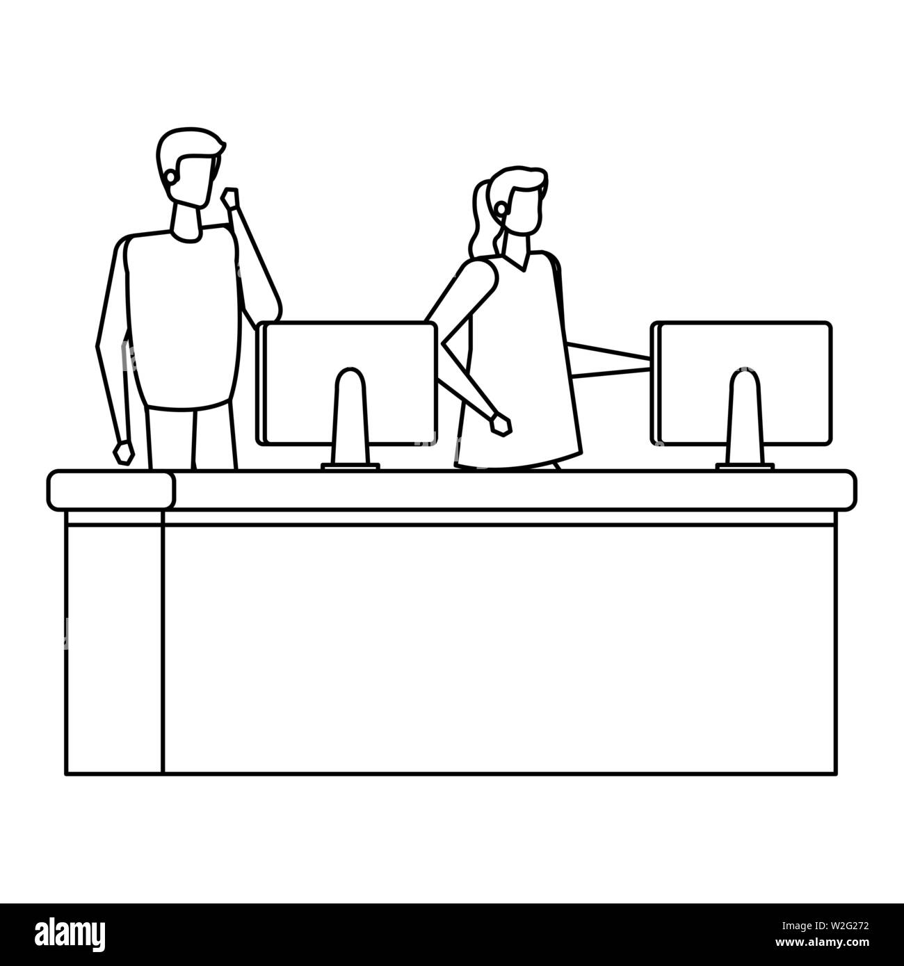 couple working in desk with computers Stock Vector Image & Art - Alamy