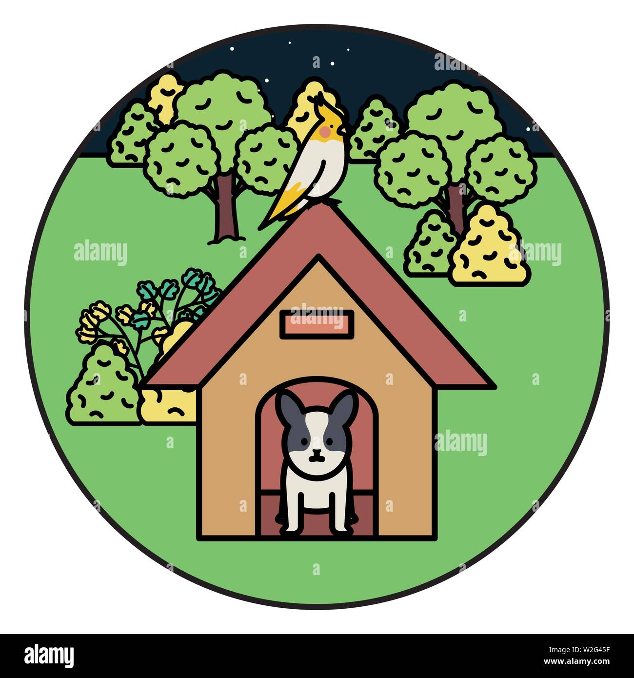 little dog adorable with wooden house and bird in the park vector ...