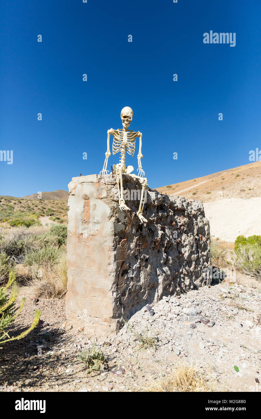 Skeleton posing in mining ruins in the desert on a hot day Stock Photo ...