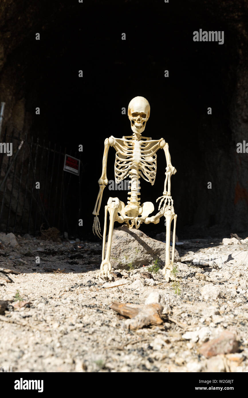 Skeleton in the mouth of a dark hole in the ground Stock Photo - Alamy