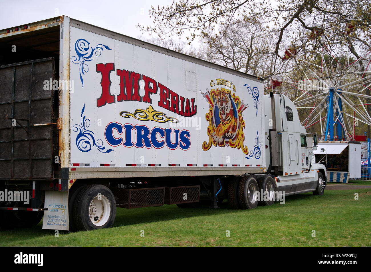 Meriden, CT USA. Apr 2019. Daffodil Festival. The circus truck tells it ...