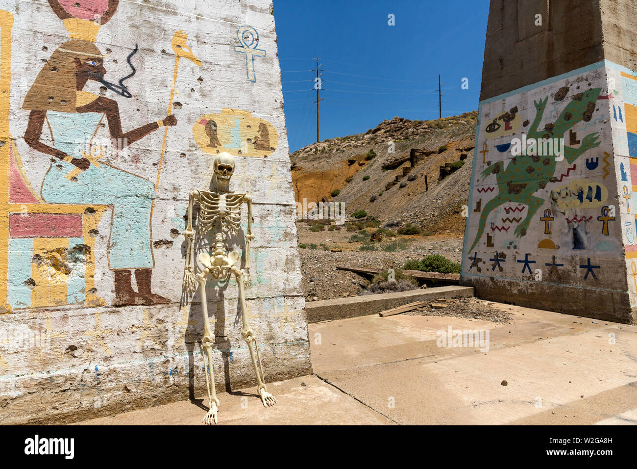 Skeleton hanging out at Ludwig mine Nevada ruins Stock Photo - Alamy