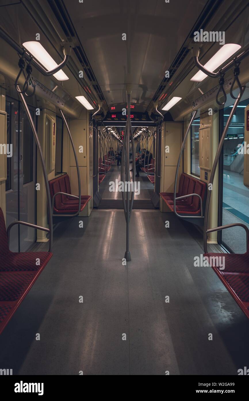 Inside of an empty subway train Stock Photo - Alamy