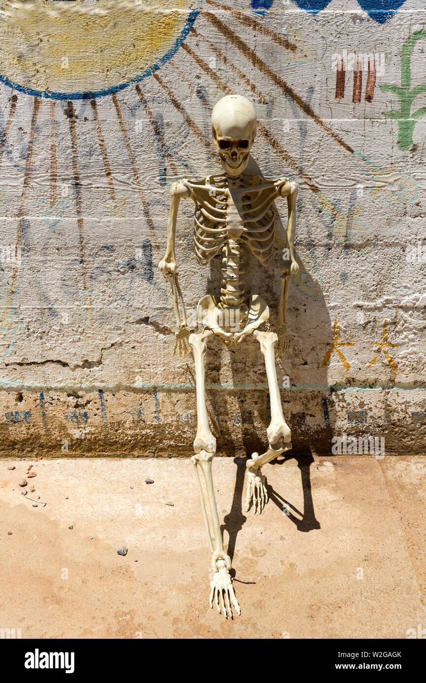 Skeleton hanging out at Ludwig mine Nevada ruins Stock Photo - Alamy