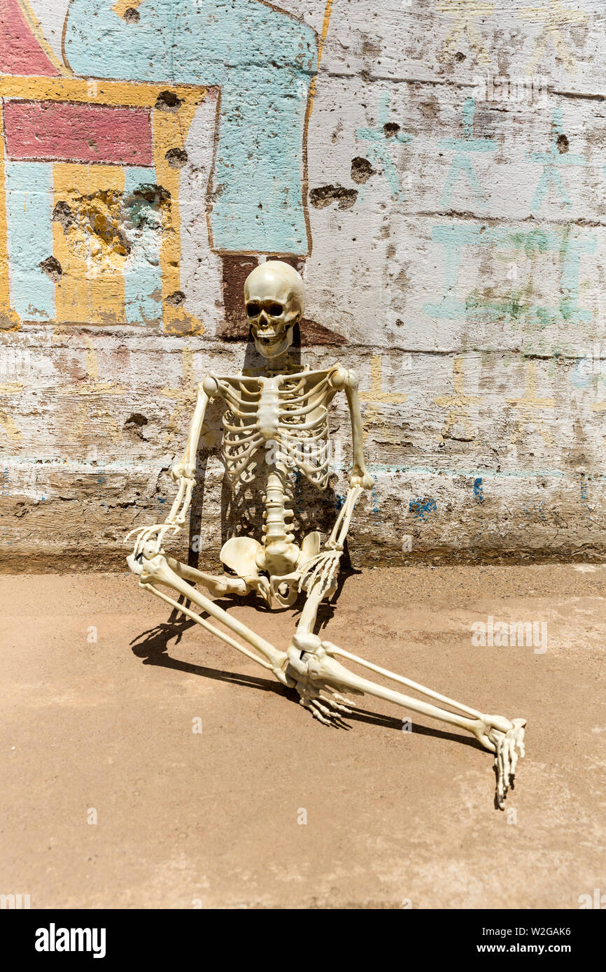 Skeleton hanging out at Ludwig mine Nevada ruins Stock Photo - Alamy