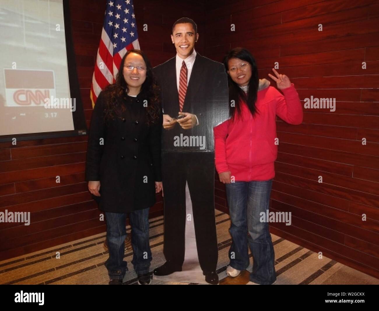 Chinese students with Obama cut -out Stock Photo - Alamy