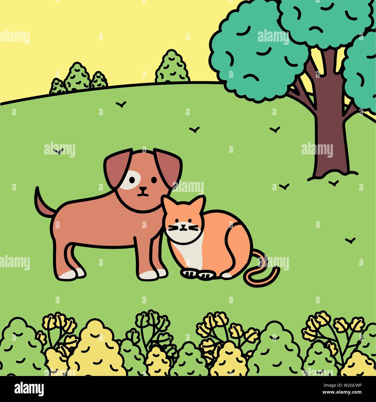 cute cat and dog mascots in the landscape characters vector ...