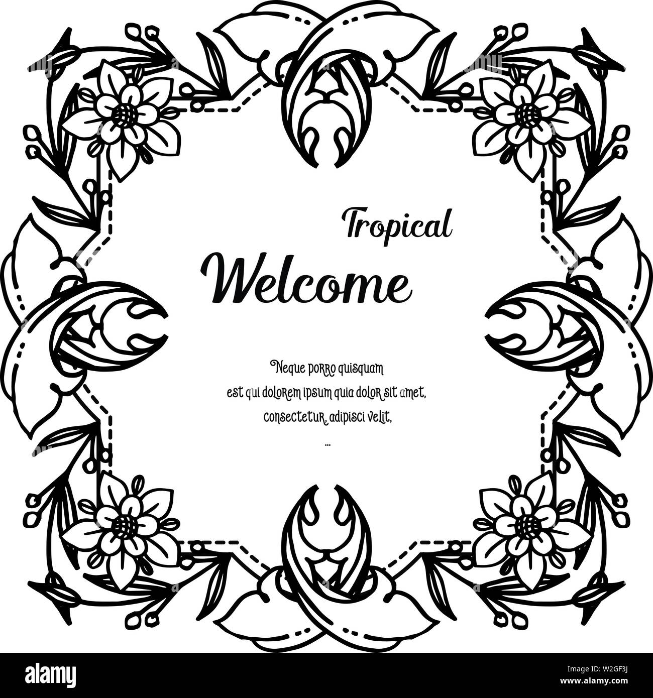 Decoration on background with writing welcome tropical, ornate flower ...