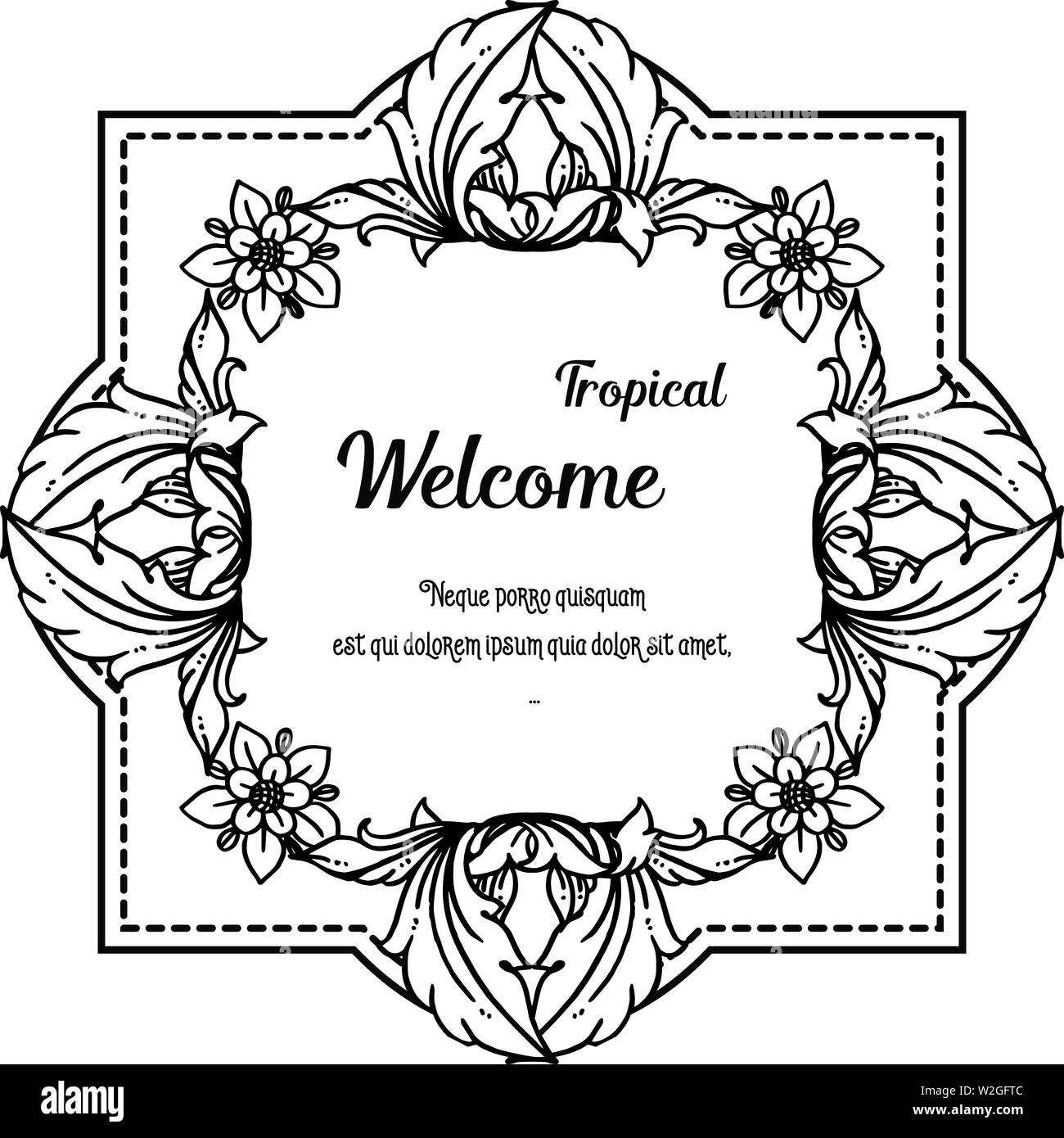 Ornate wallpaper with lettering welcome tropical, cute flower. Vector ...