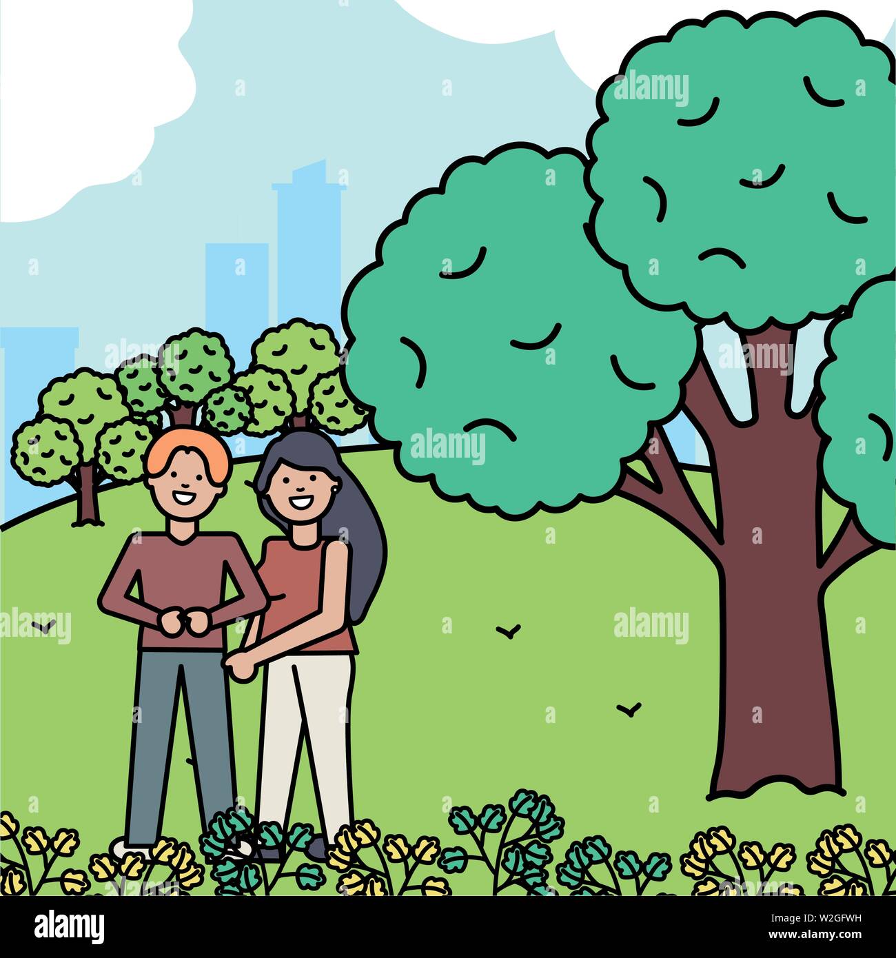 young lovers couple in the park vector illustration design Stock Vector ...