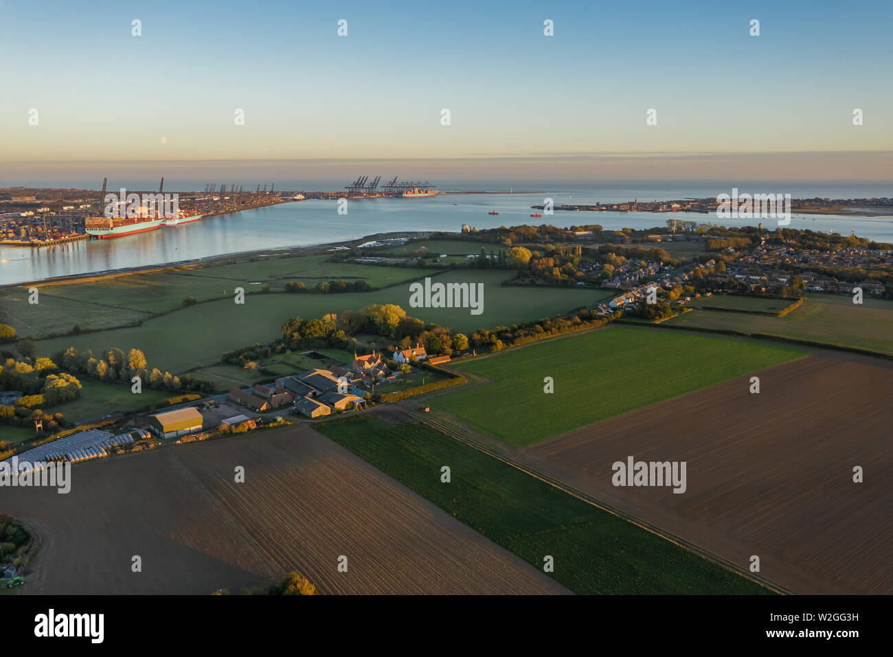 Felixstowe container port from the air above Shotley Gate, Suffolk ...