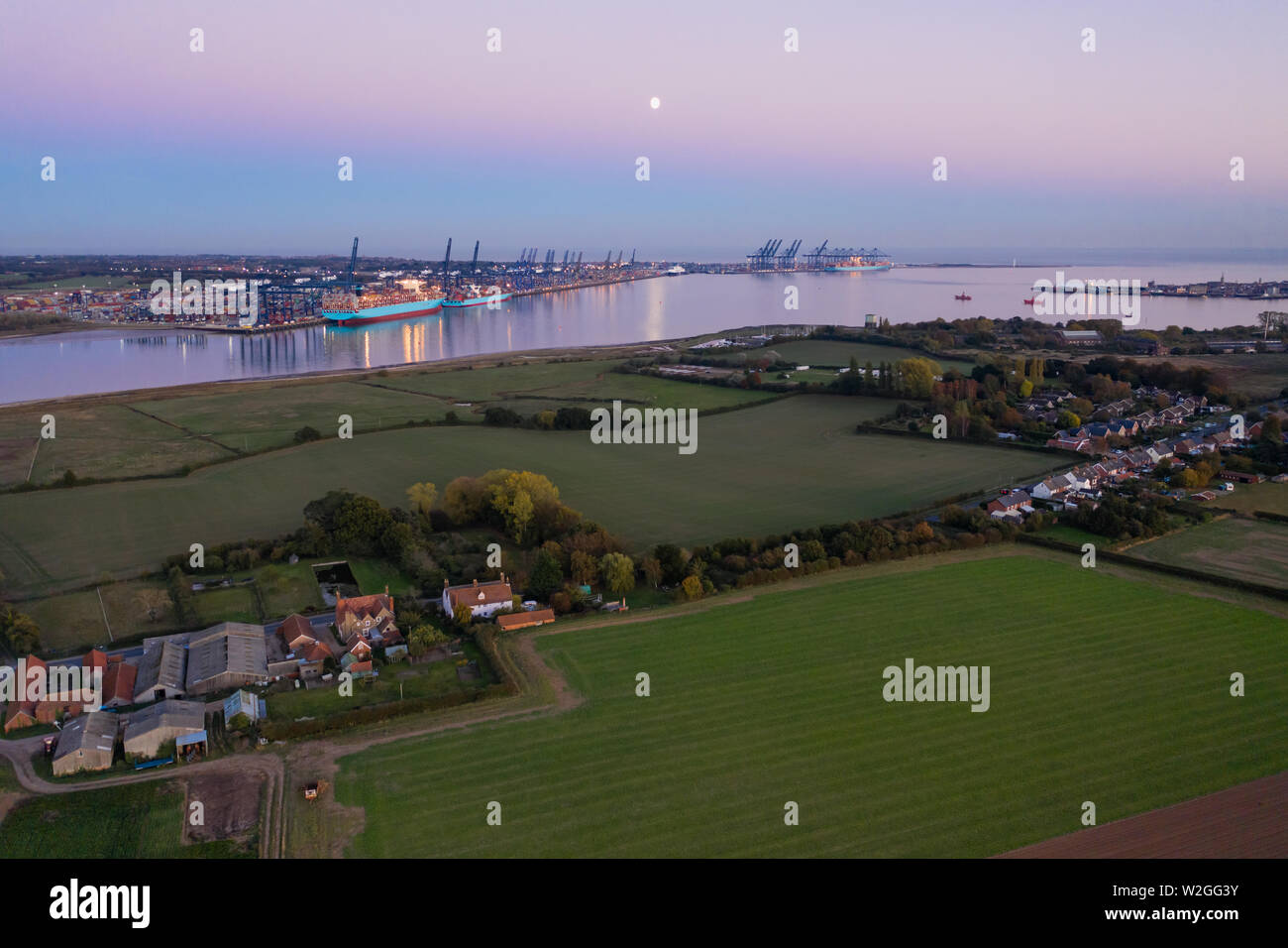 Felixstowe container port from the air above Shotley Gate, Suffolk ...