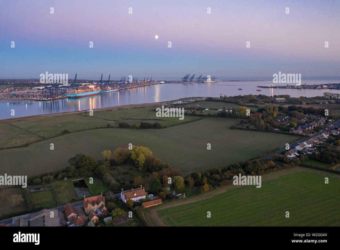 Felixstowe container port from the air above Shotley Gate, Suffolk ...