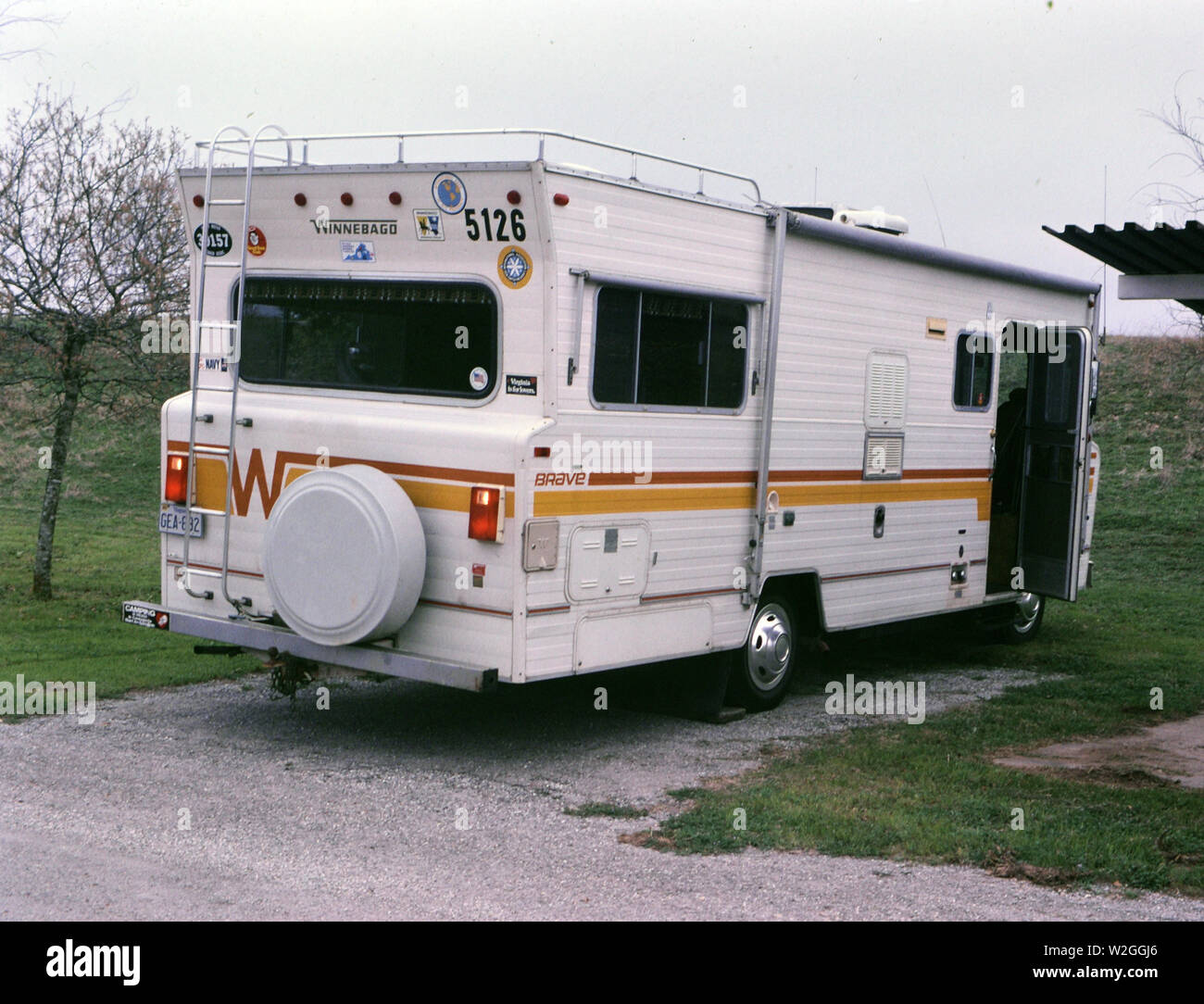 A Winnebago recreational vehicle parked at a campsite ca. 1987 Stock ...
