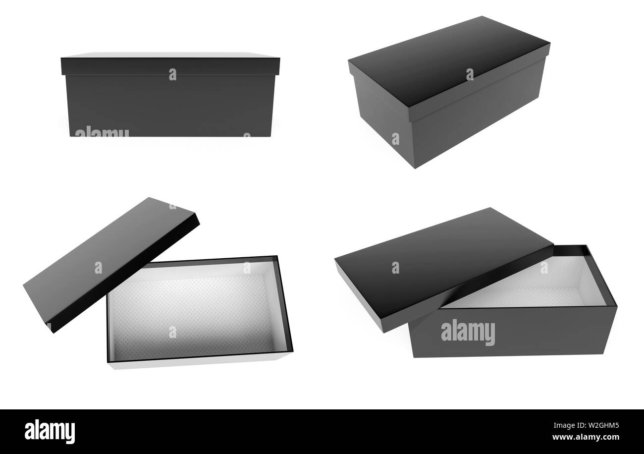 Black closed and open shoe box. 3d rendering illustration isolated ...