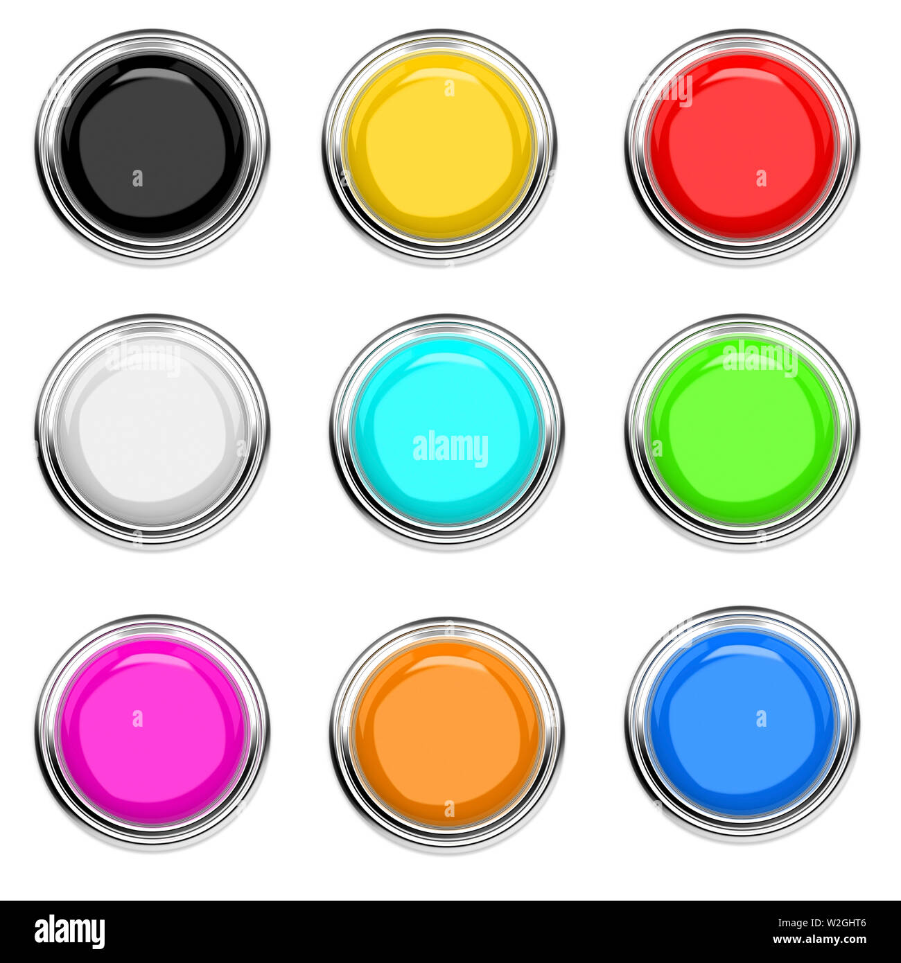 Push buttons with metal frame. Colored collection, top view. 3d ...
