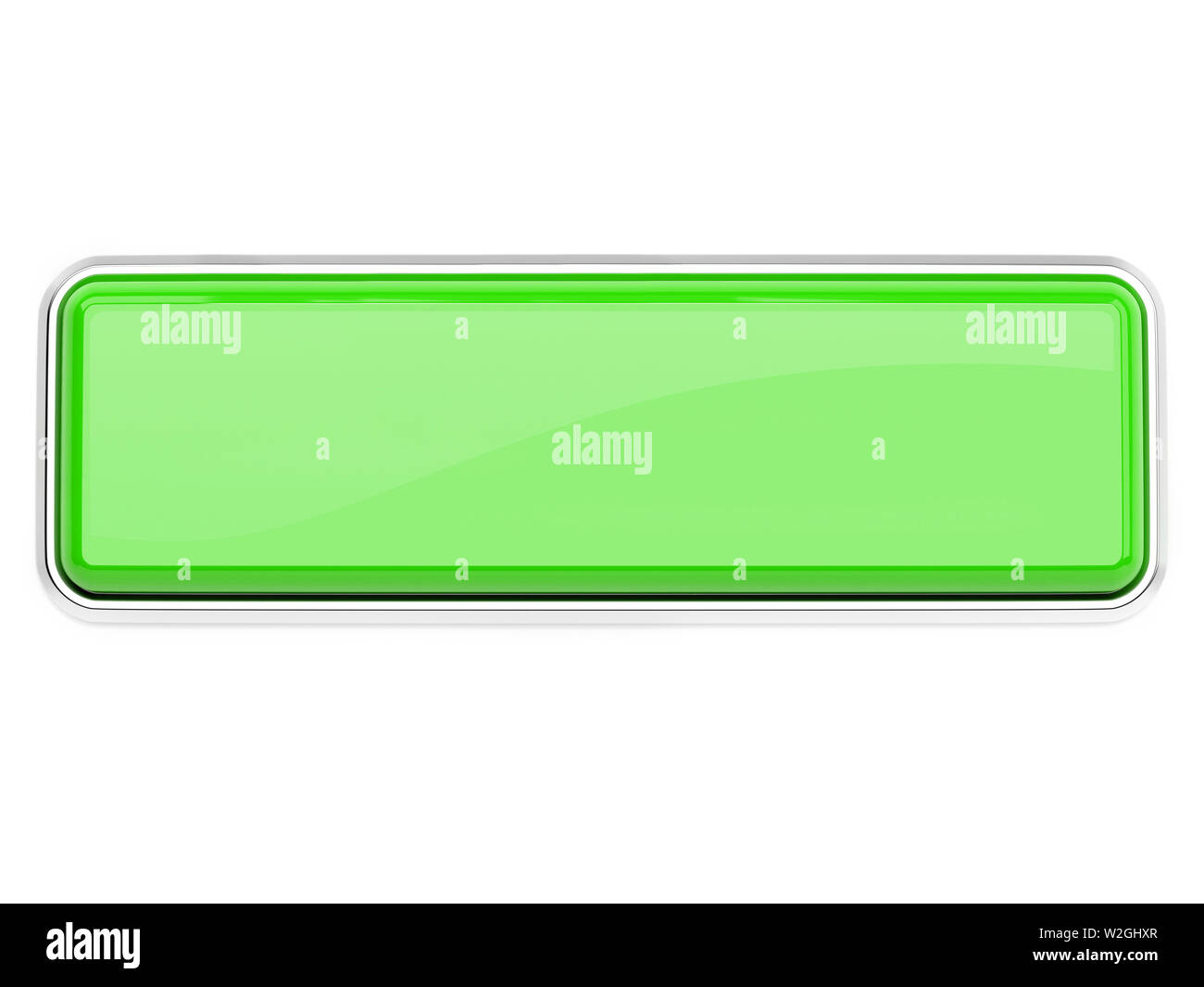 Green glass button. Square push button with metal frame. 3d rendering ...