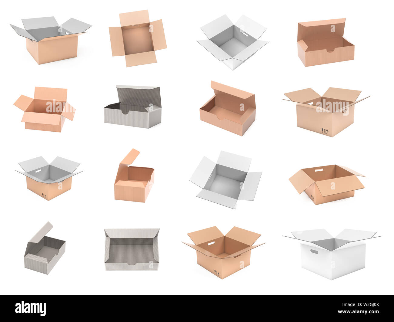 Shipping box mock up. Set of white and brown open cartons. 3d rendering ...