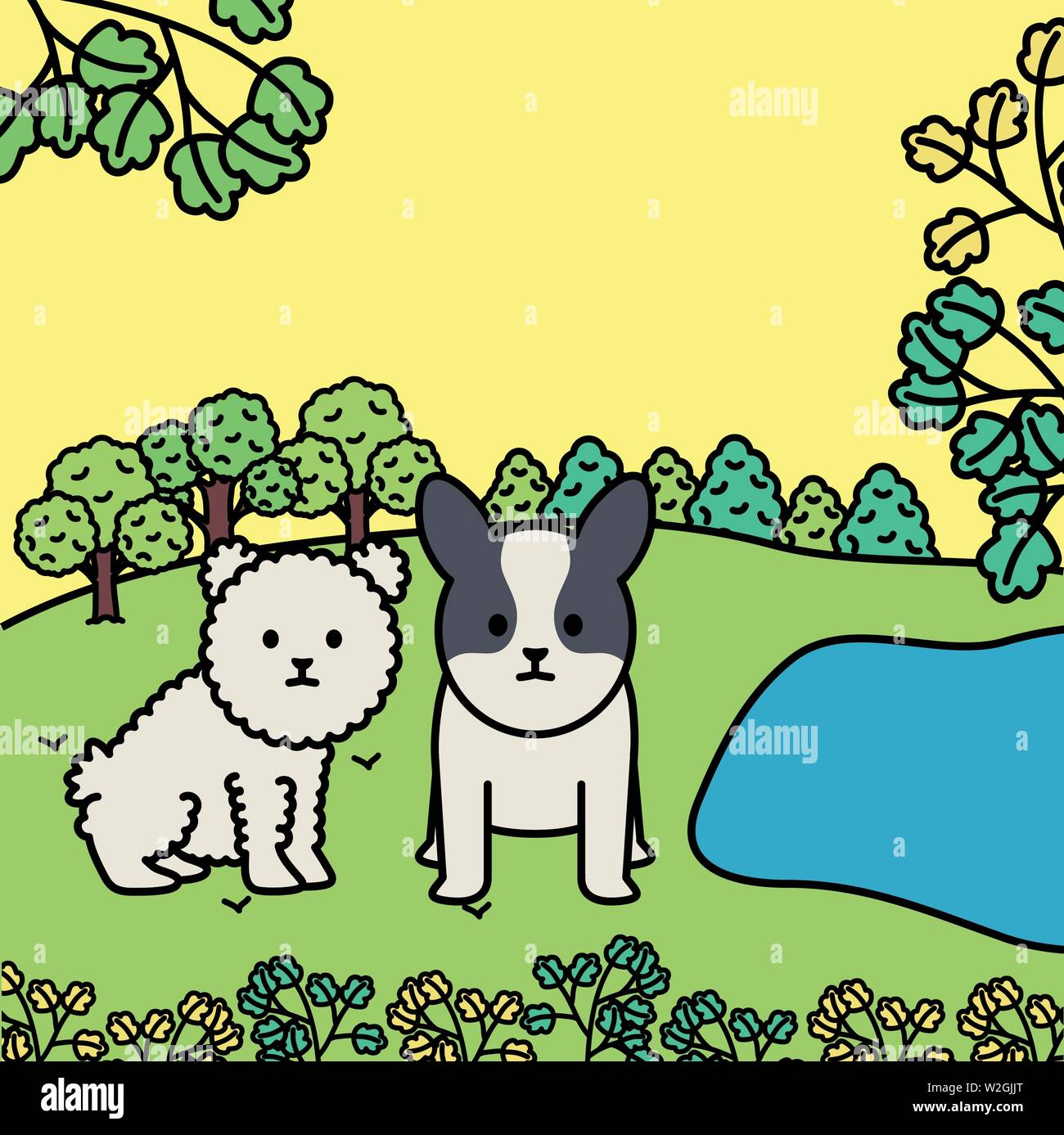 little dogs adorables mascots in the landscape vector illustration ...