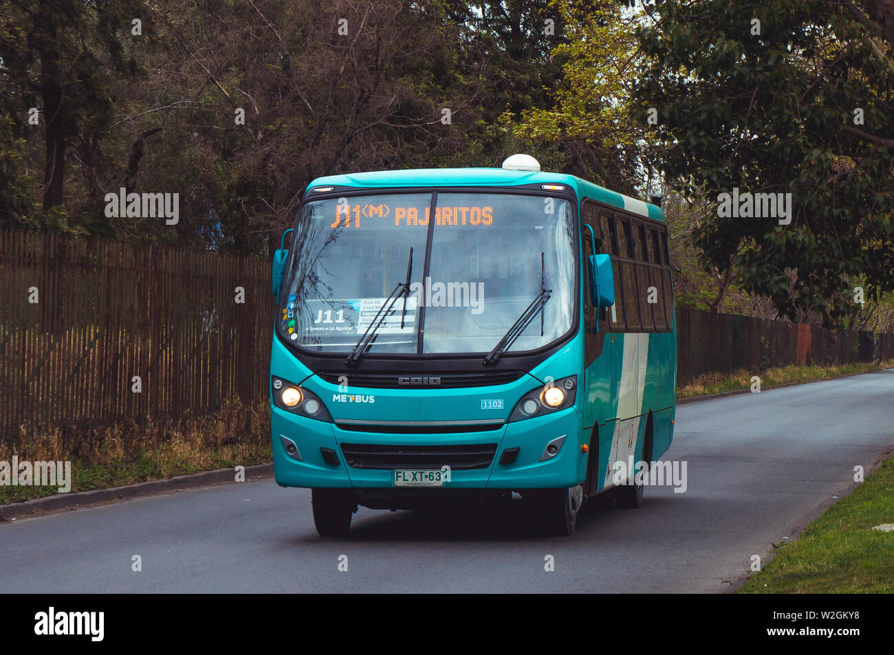 SANTIAGO, CHILE - SEPTEMBER 2018: A Transantiago bus near its next stop ...