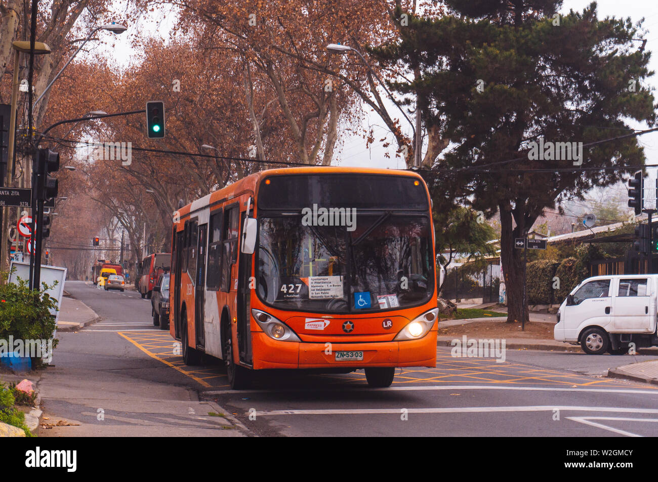 SANTIAGO, CHILE - JULY 2017: A Transantiago bus during a cloudy day in ...