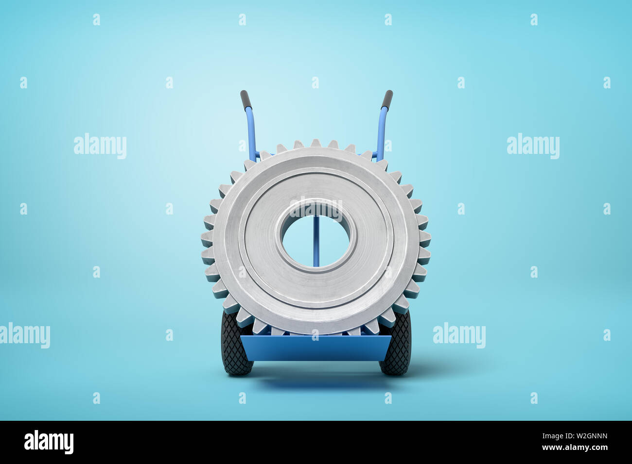 3d rendering of big grey wheel gear on blue hand truck which is ...